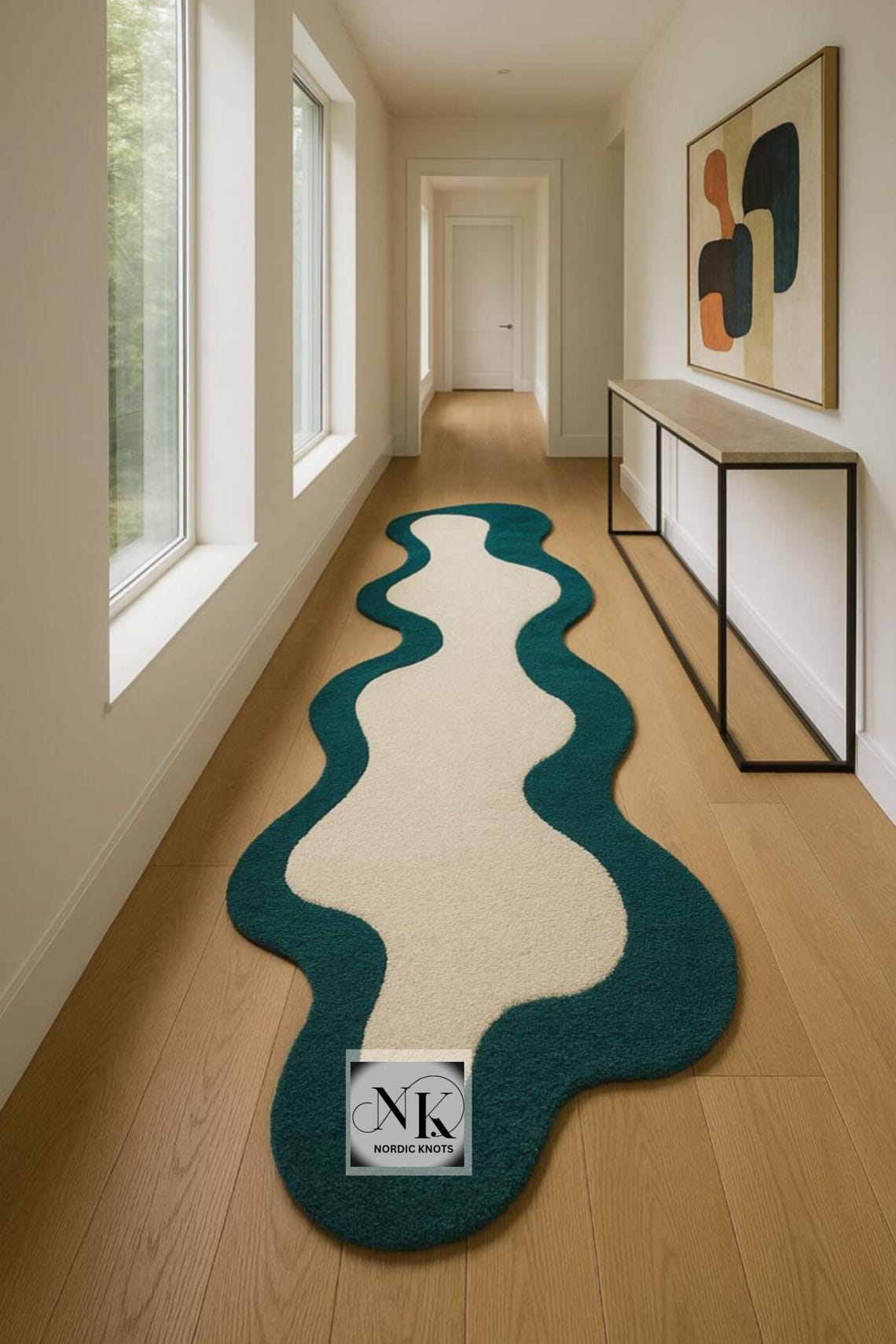 Teal Wool Hallway Runner Rug: Modern Abstract Design Home Decor Carpet ...