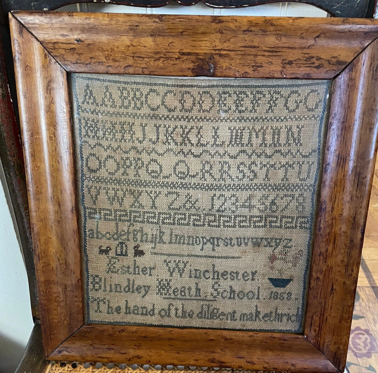 19th Century Antique Alphabet Sampler in Frame Dated 1858 Blindley ...