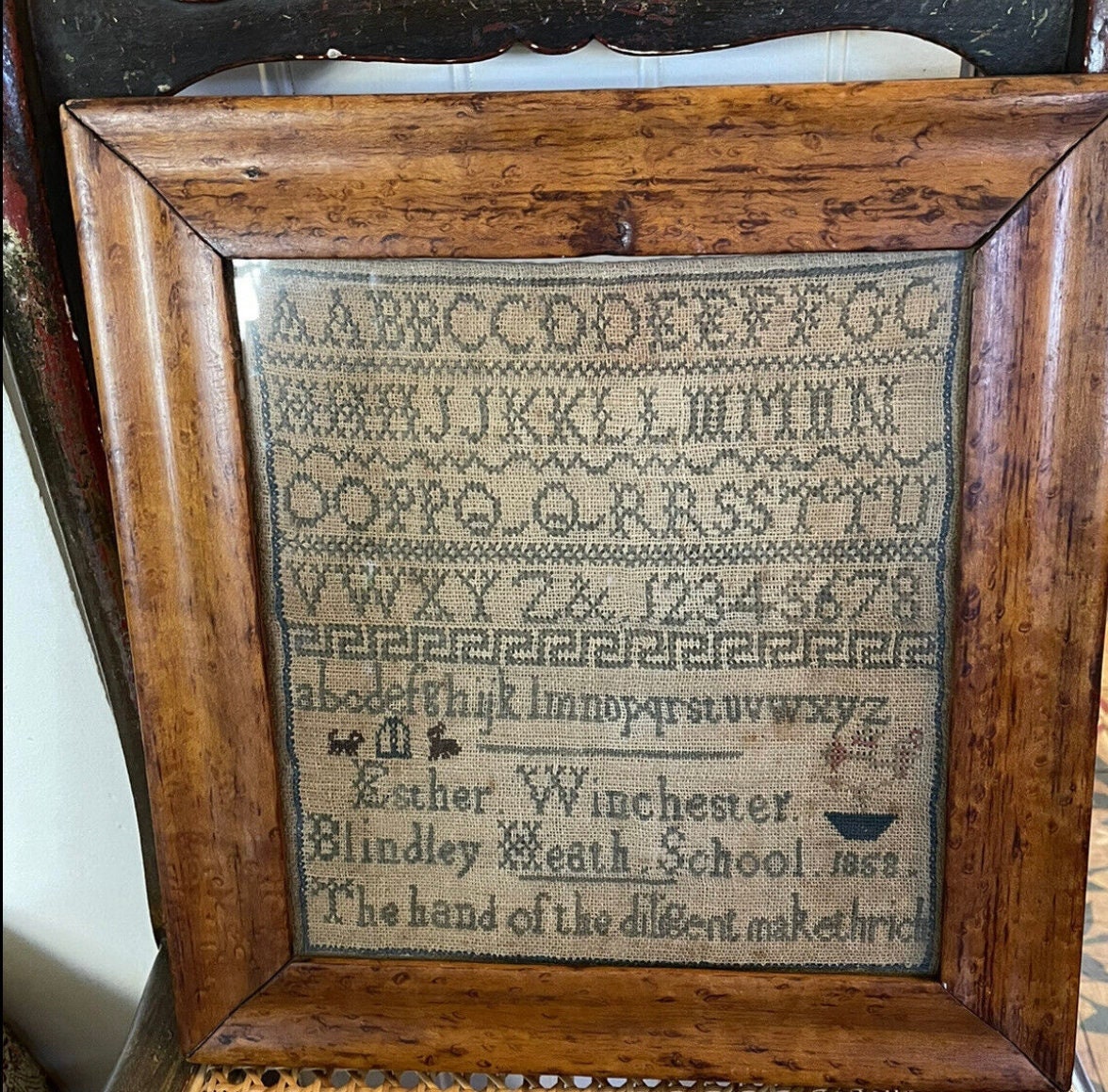 19th Century Antique Alphabet Sampler in Frame Dated 1858 Blindley ...