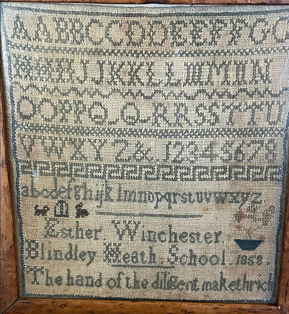 19th Century Antique Alphabet Sampler in Frame Dated 1858 Blindley ...