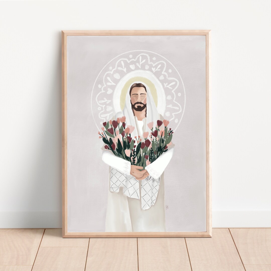 Jesus Christ Savior Flowers Halo Digital Print Floral Art Christian ...