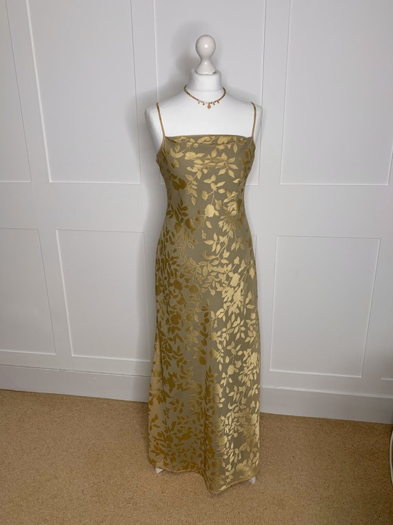 Vintage prom dress, retro 1990s gold devore, slip, ev… - Gem
