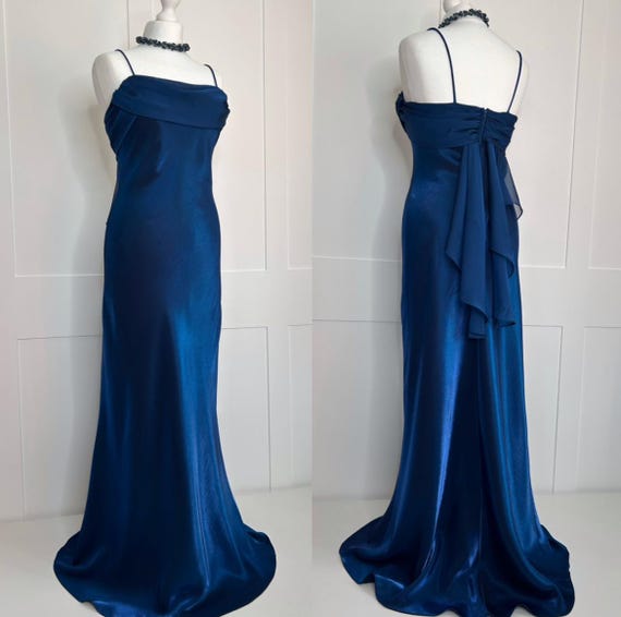 Vintage prom dress, retro graduation, 1990s blue cowl… - Gem