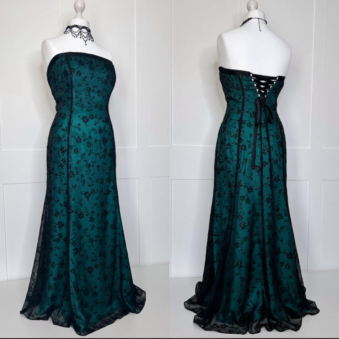 Vintage Prom Dress, Retro Graduation, 1990s Black & Green Strapless ...