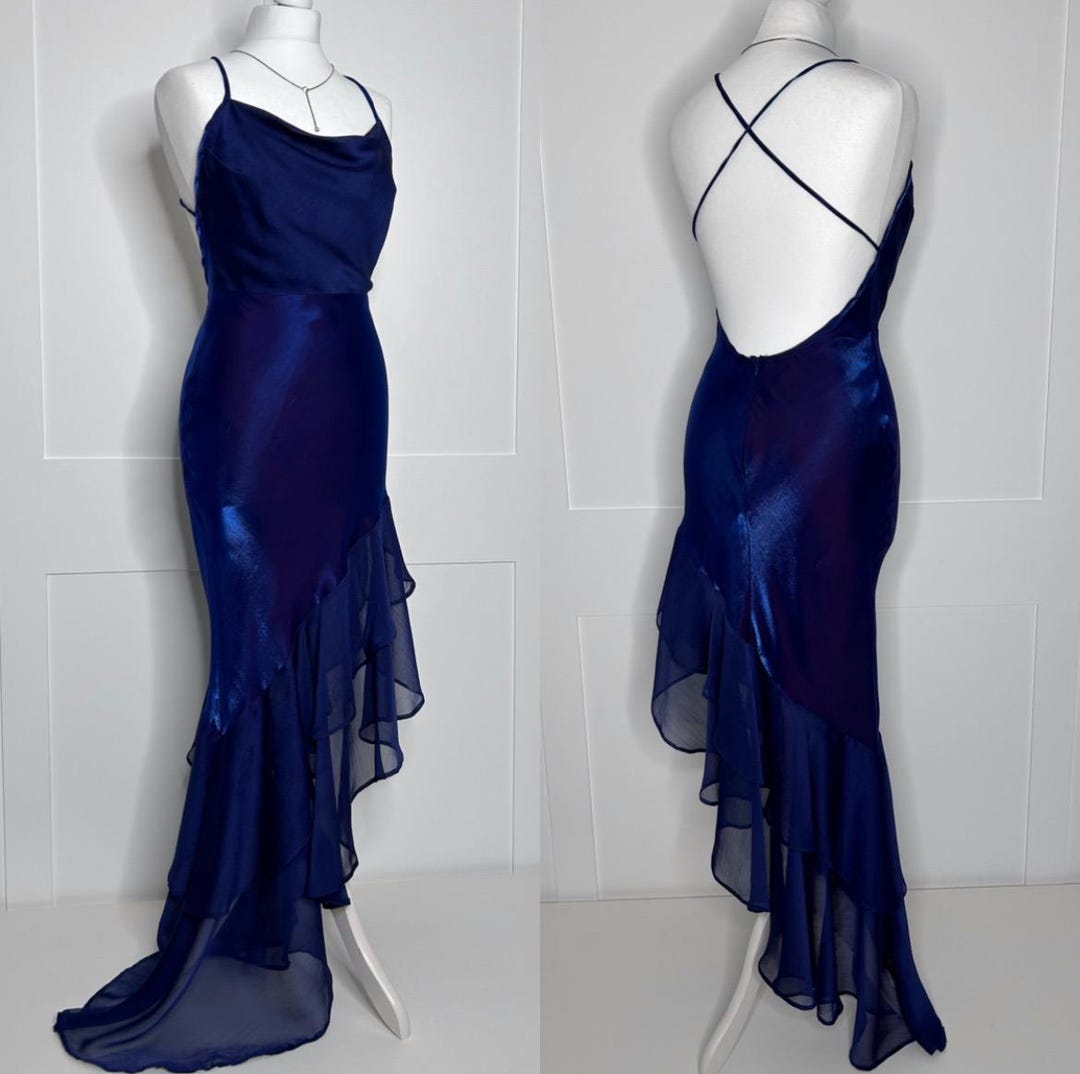 Vintage Prom Dress, Retro Graduation Y2K Blue Asymmetric, Cowl Neck ...