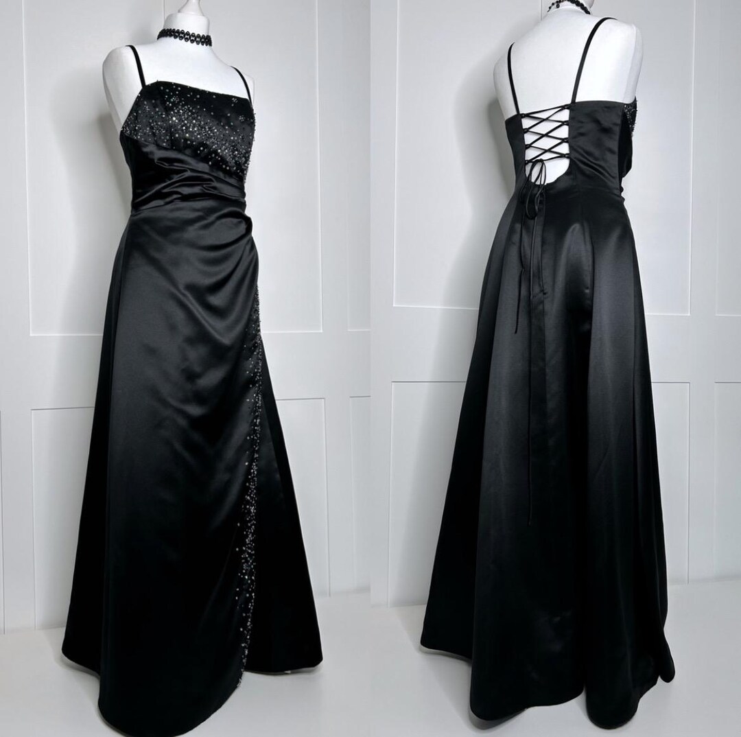 Vintage Prom Dress, Retro Graduation, Y2K Black Satin, Lace up Back ...