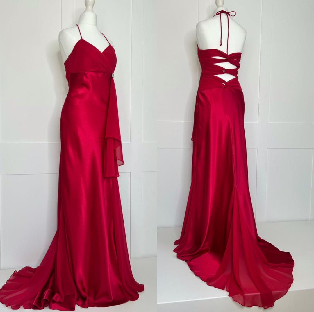 Vintage Prom Dress, Retro Graduation, Y2K Red Satin Halterneck, Evening ...