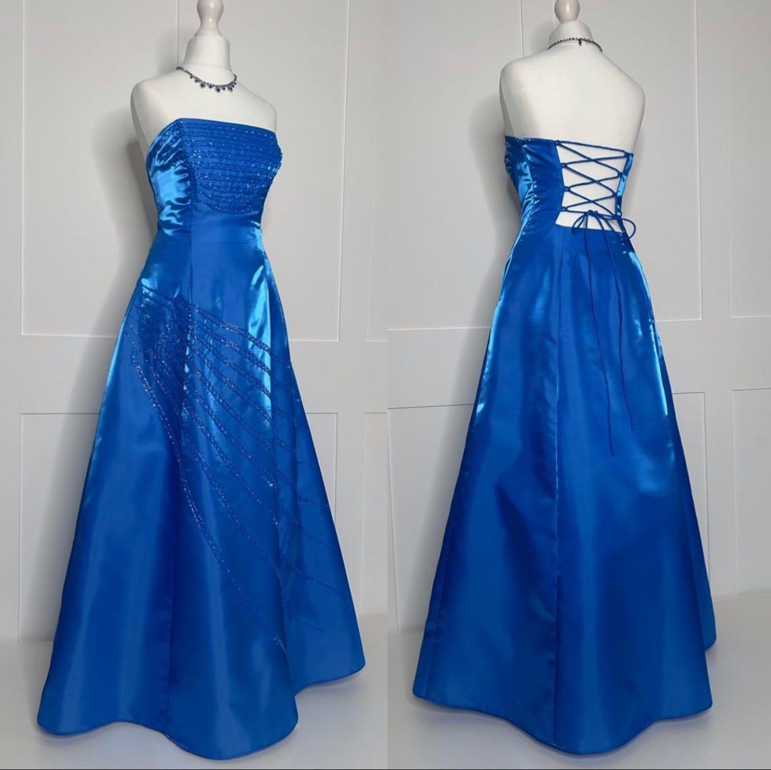 Vintage Prom Dress, Retro Graduation, 1990s Blue Strapless, Beaded ...