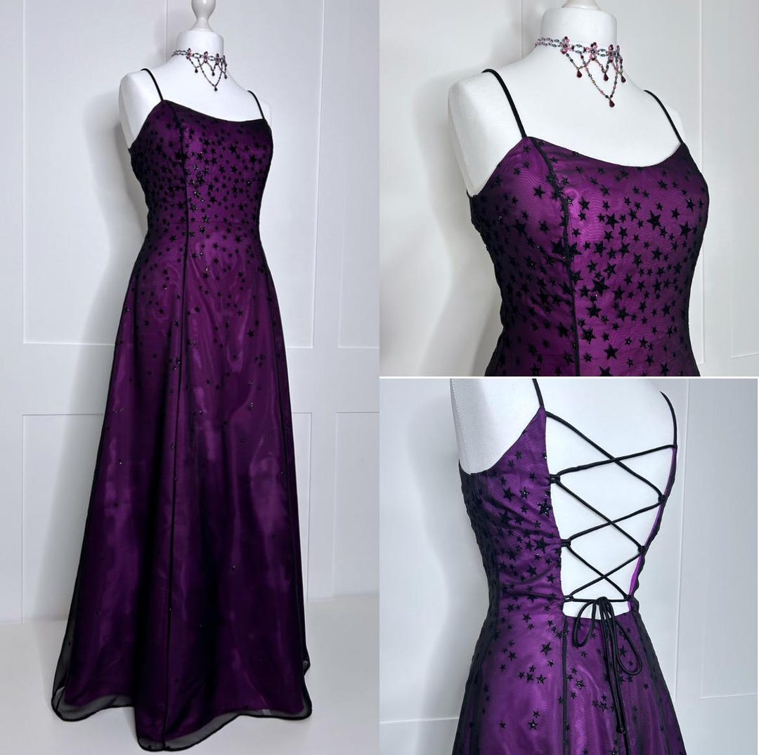 Vintage Prom Dress, 1990s Pink/purple & Black Lace up Back, Retro ...