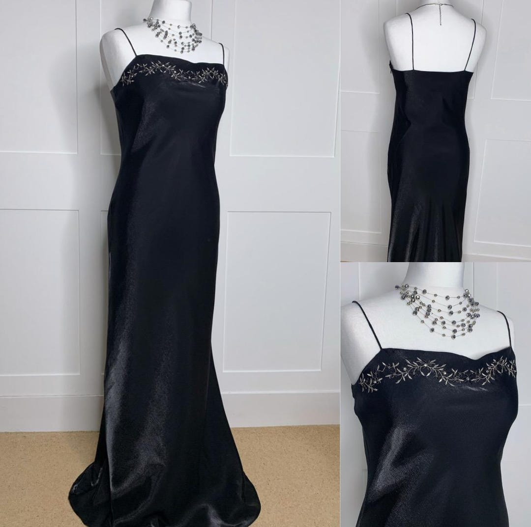 Vintage Prom Dress, Retro Graduation, 1990s Black Satin Slip, Evening ...