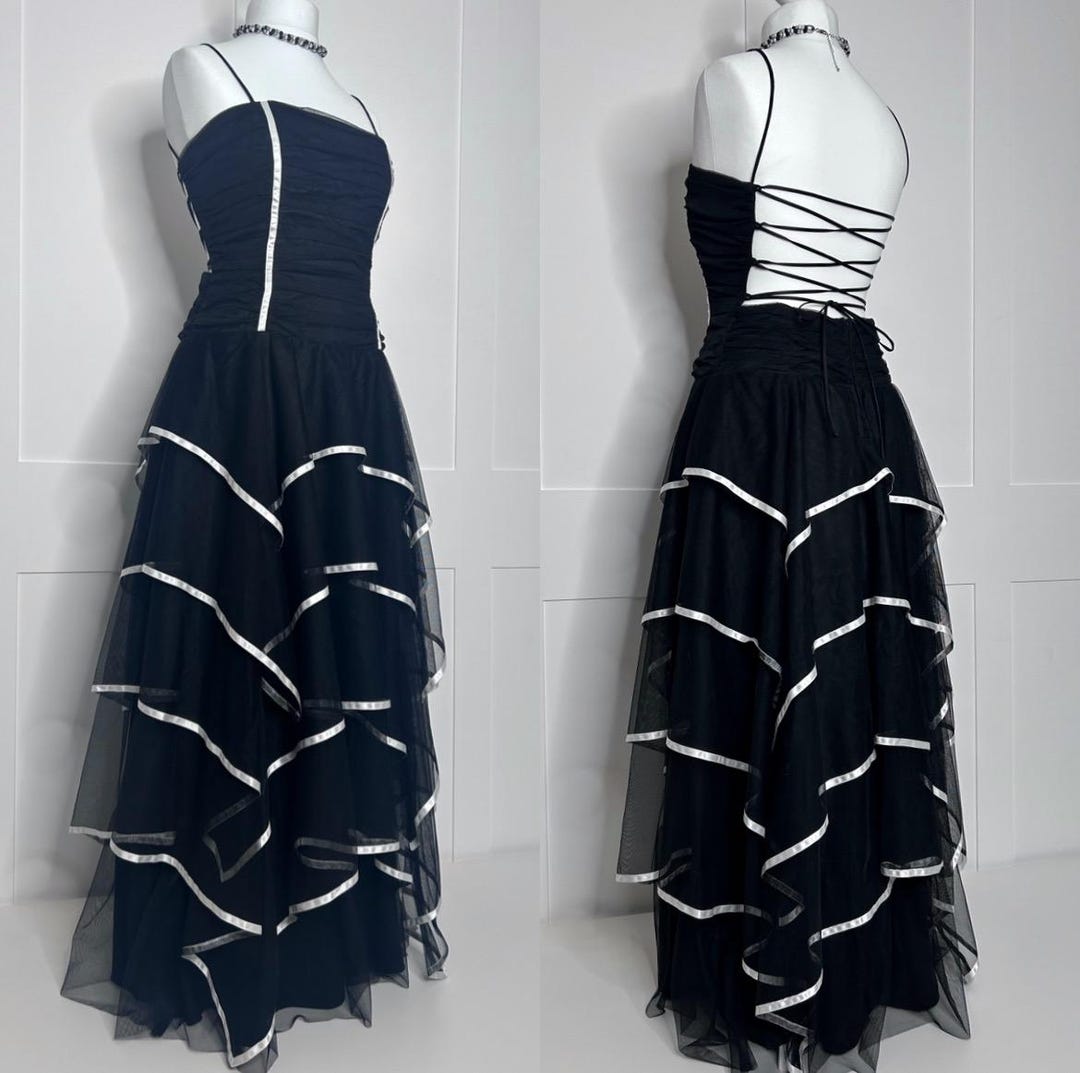 Vintage Prom Dress, Retro Graduation, Y2K Black Net Tiered Dress ...