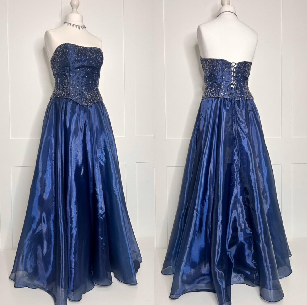 Vintage Prom Dress, Retro Graduation, 1990s Strapless Beaded Blue ...