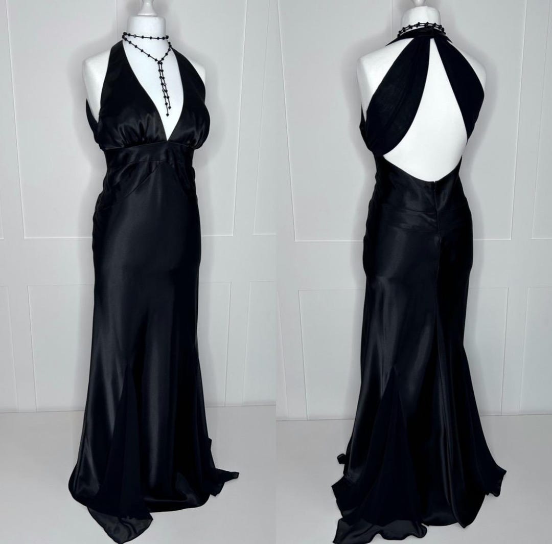 Vintage Prom Dress, Retro Graduation, Y2K Beautiful Black Satin Halter ...