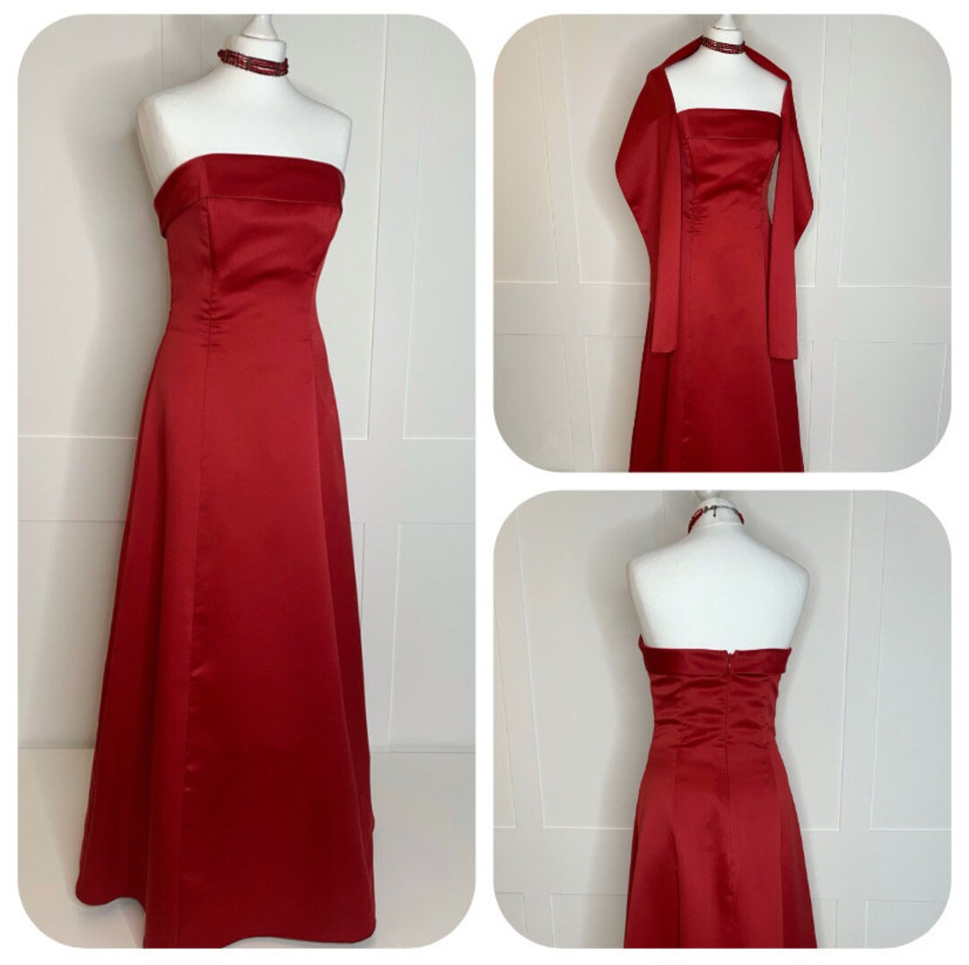 Vintage Prom Dress, Retro 1990s Red Strapless Satin, Evening, Formal ...