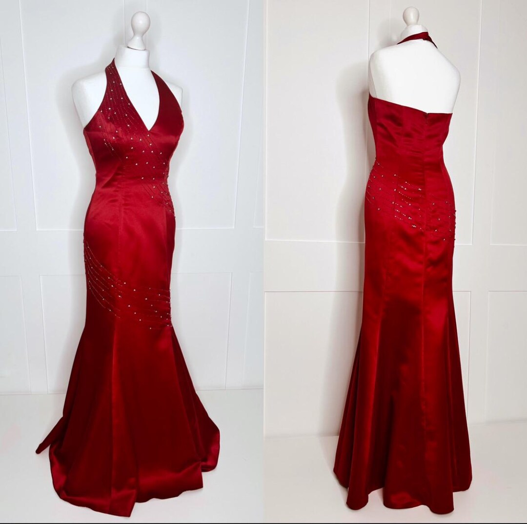 Vintage Prom Dress, Retro 1990s Red Halter Neck, Red Evening, Party ...