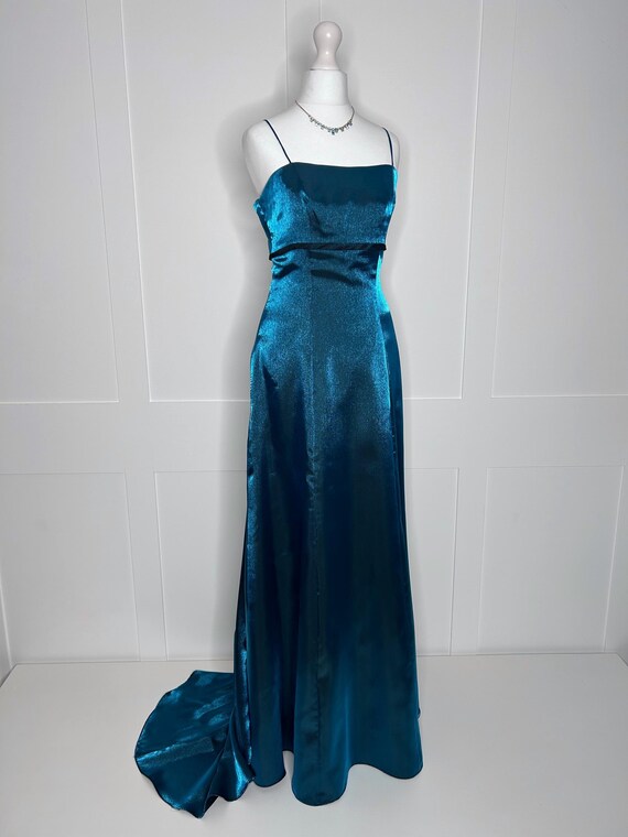 Vintage prom dress, 1990s aqua blue satin dress, retr… - Gem
