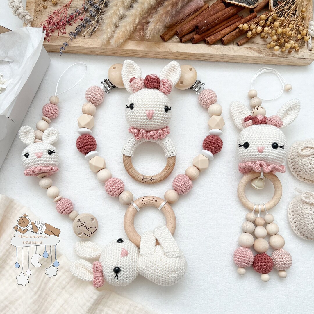 Personalized Bunny Cream and Pink Savings Set Stroller Chain Pendant ...