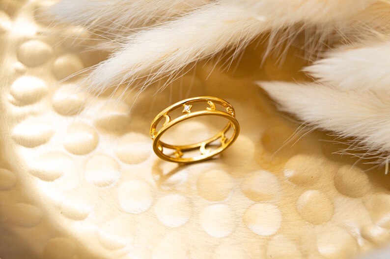 Double Band Ring With Astro Motif, Moon and Stars Silver Made of Real ...