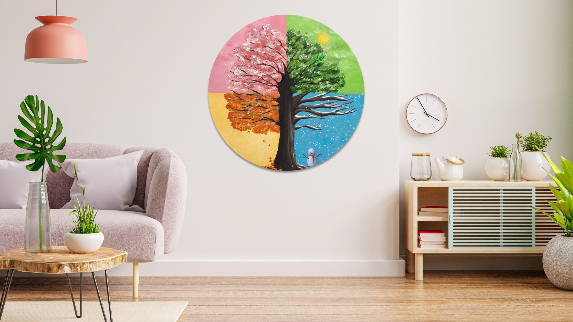 Four Seasons Abstract Art Print Set: Modern Round Canvas Wall Art, Four ...