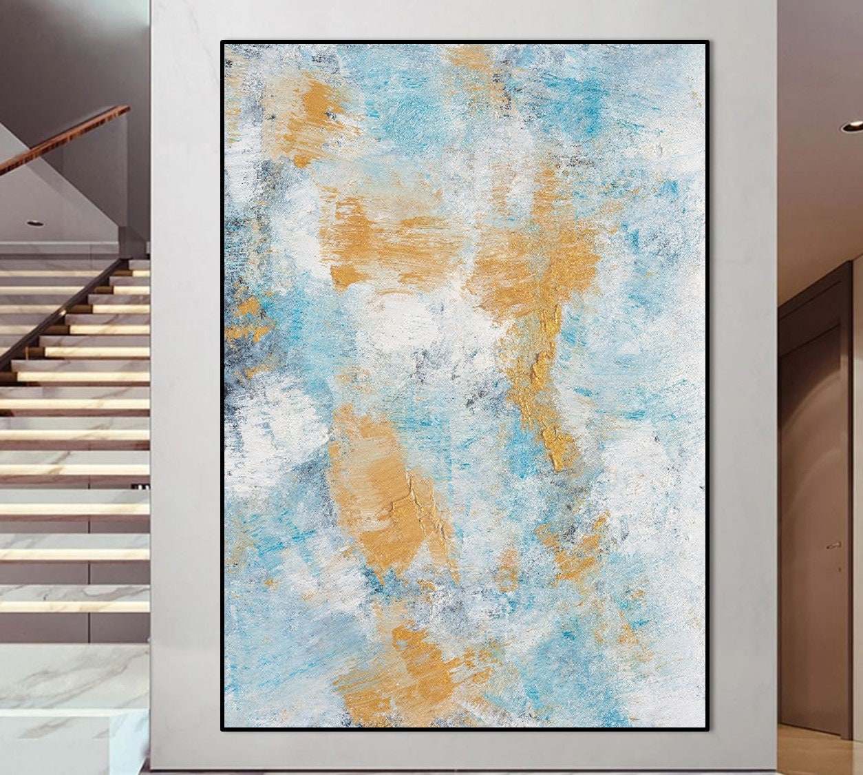 Blue Gold Wall Art Large Format Art, Japandi Art, Contemporary Art ...
