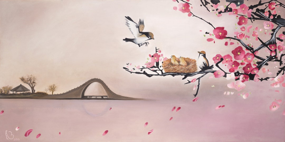Family of Birds Chickadee Love Birds Painting on Cherry Blossom Tree ...