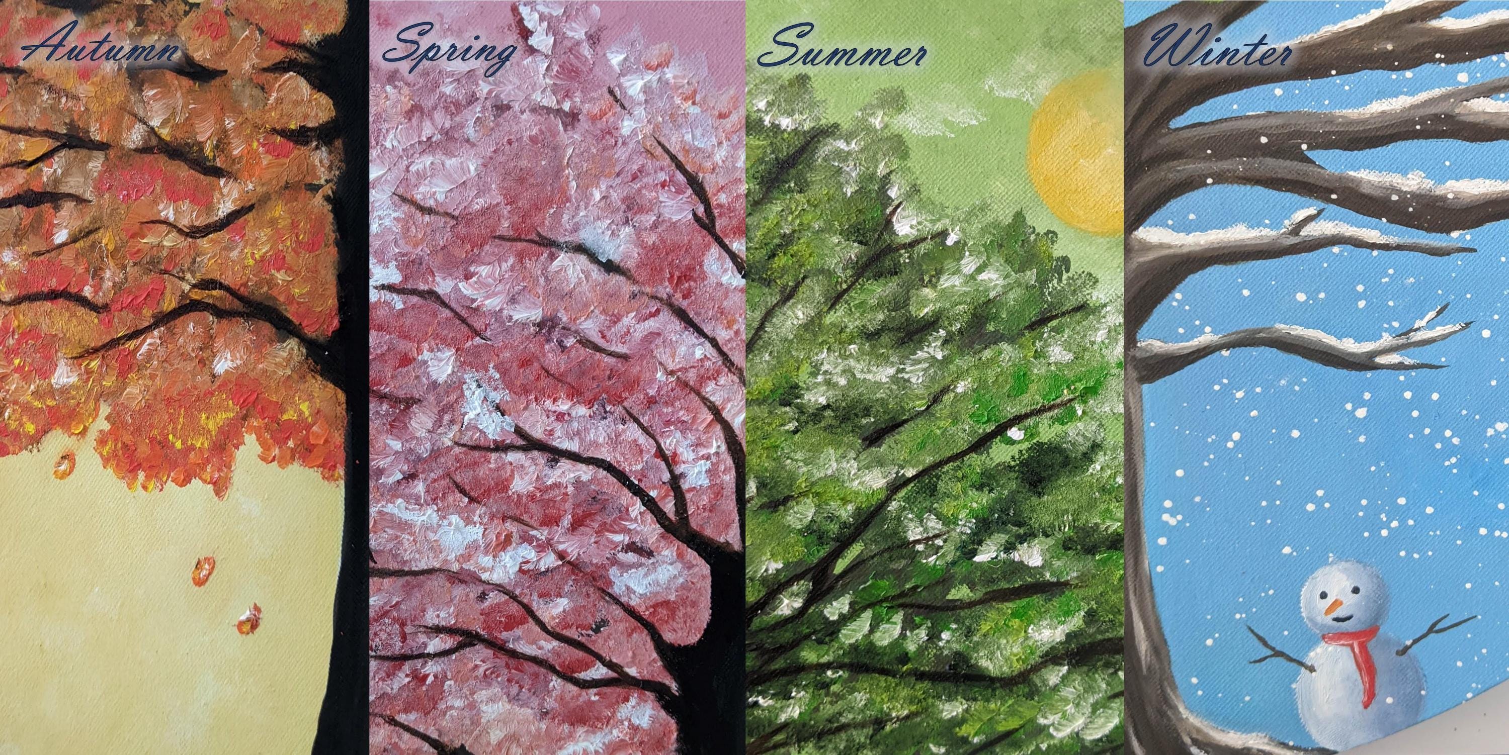 Four Seasons Abstract Art Print Set: Modern Round Canvas Wall Art, Four ...