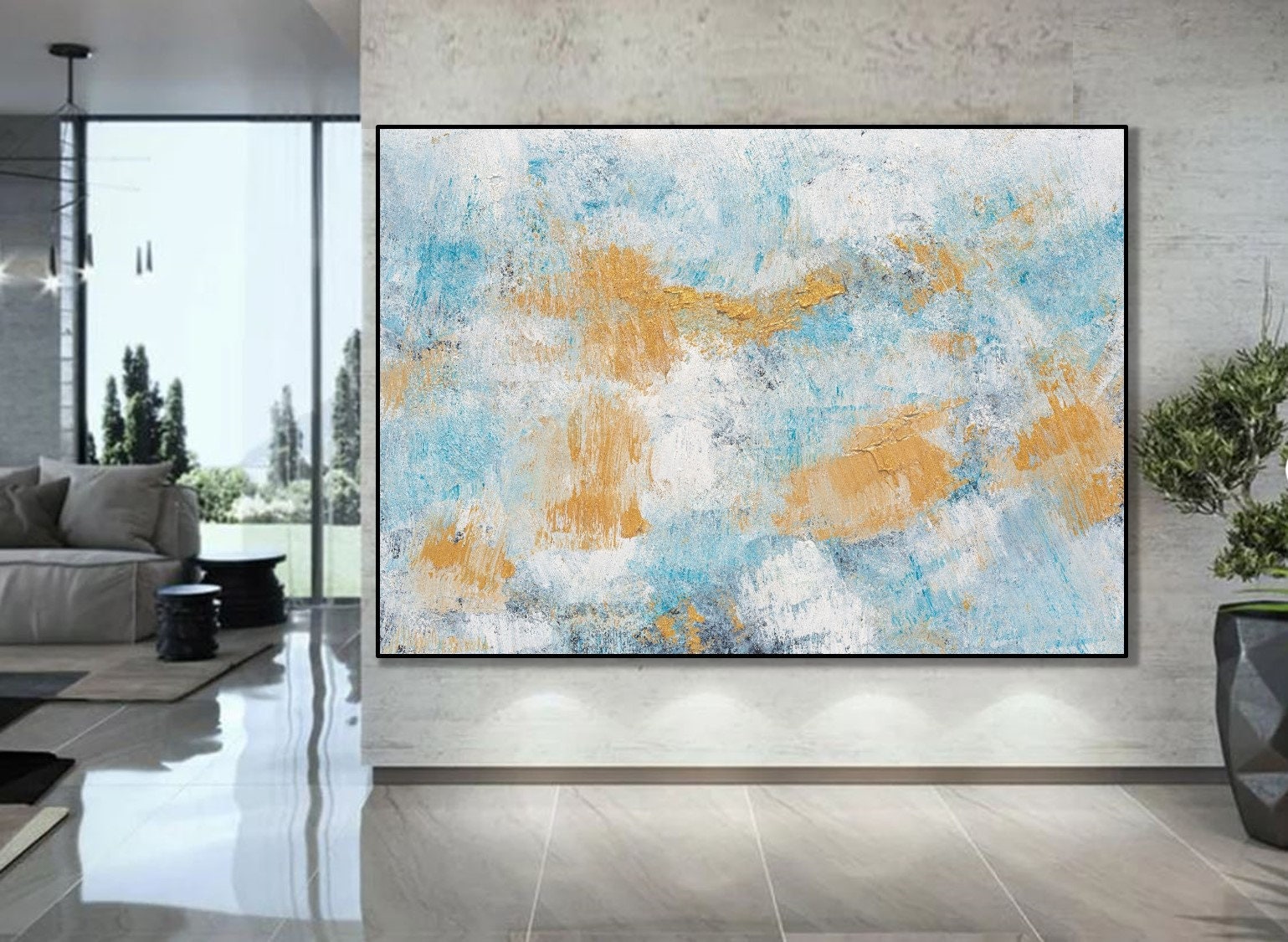 Blue Gold Wall Art Large Format Art, Japandi Art, Contemporary Art ...