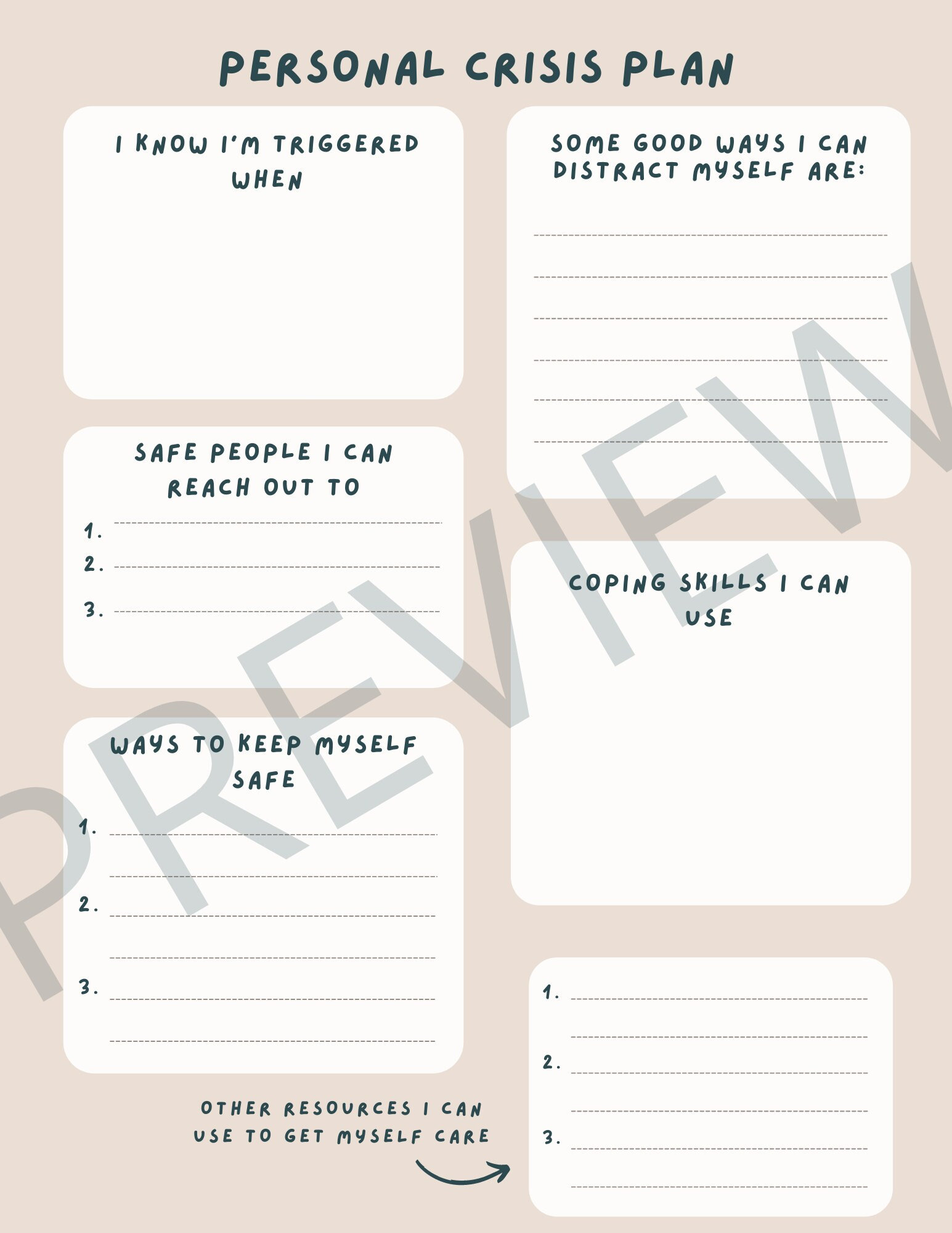 Personal Crisis Plan - Printable Sheet for Clients - Etsy Australia