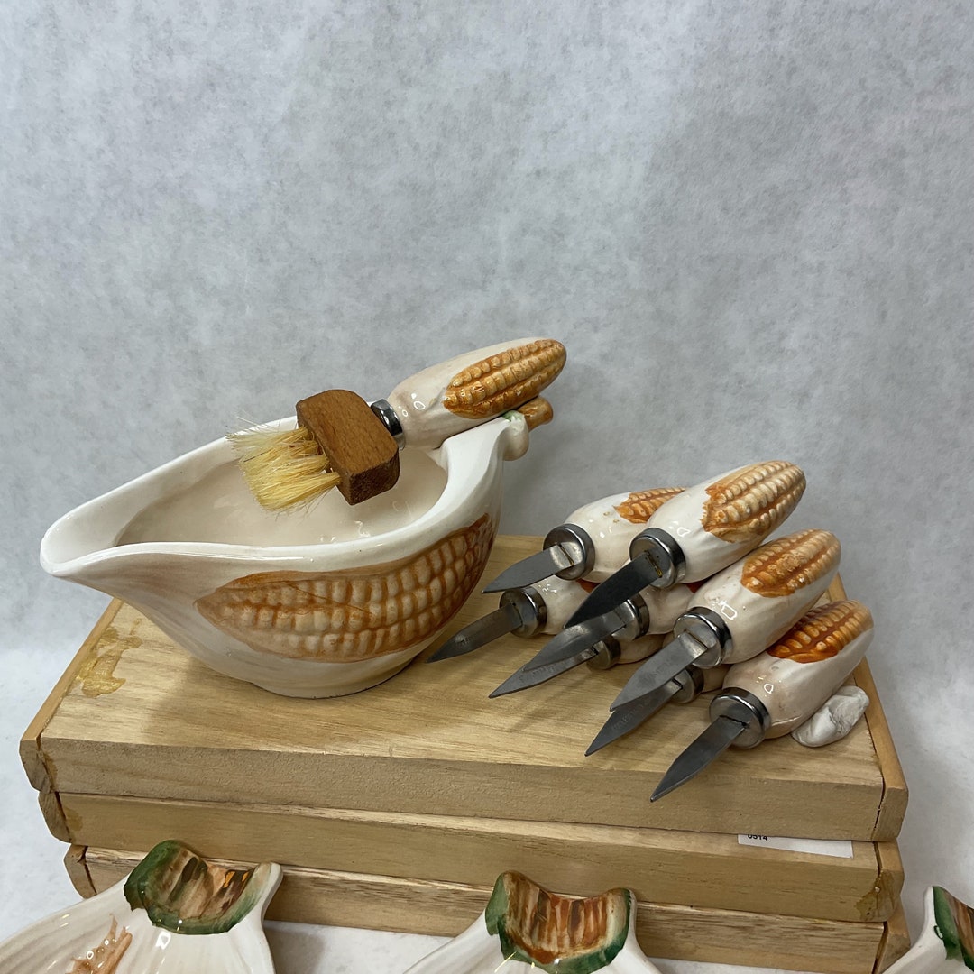 Vintage Corn Holding Side Dish With Accent Corn Holders and Butter Dish ...