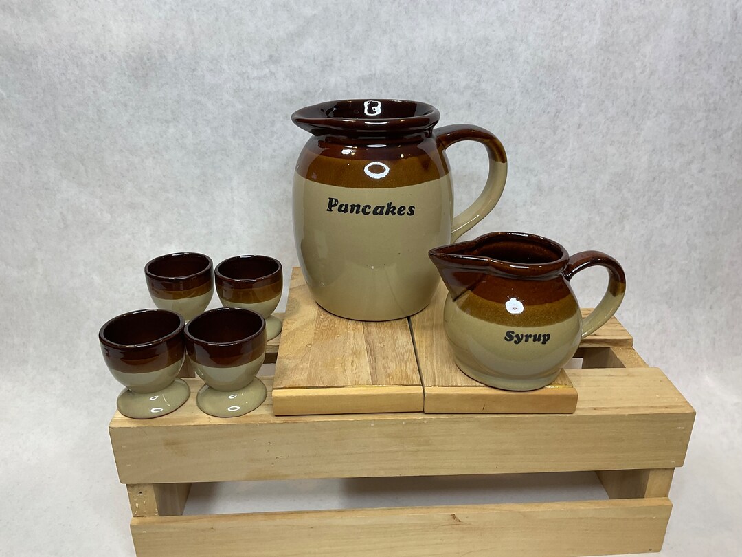 Vintage Glazed Pottery Pancake Pitcher,syrup Pitcher & 4 Egg Cups - Etsy