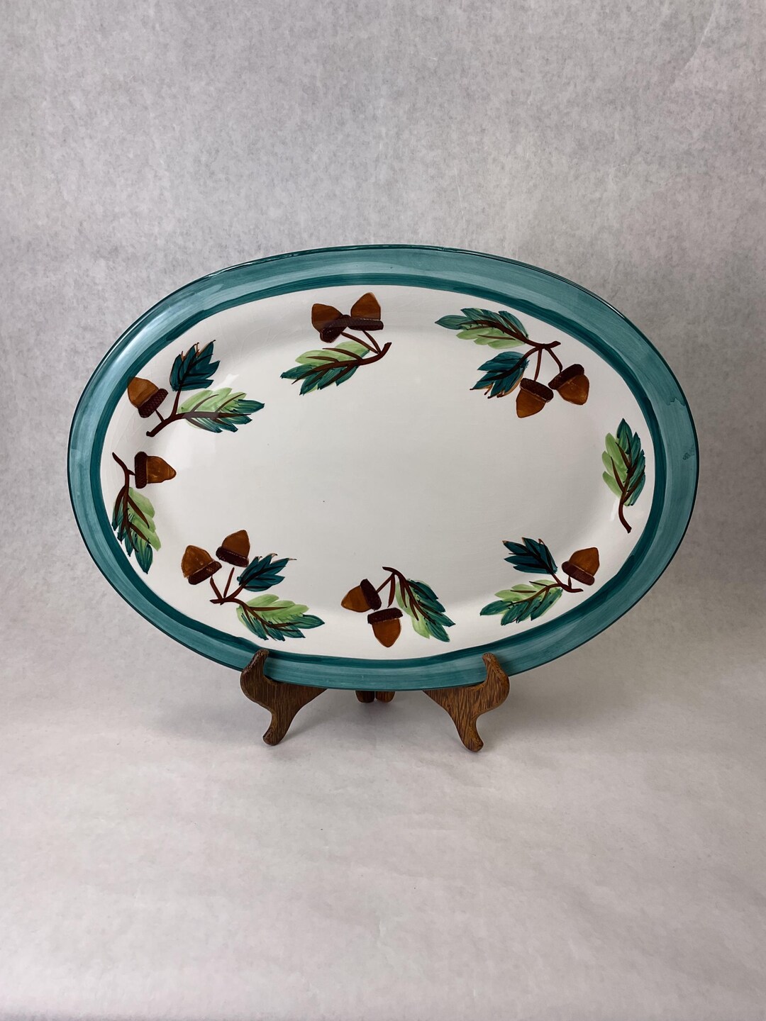 Vintage Large Ceramic Platter With Teal Blue Trim and Acorn Accents - Etsy