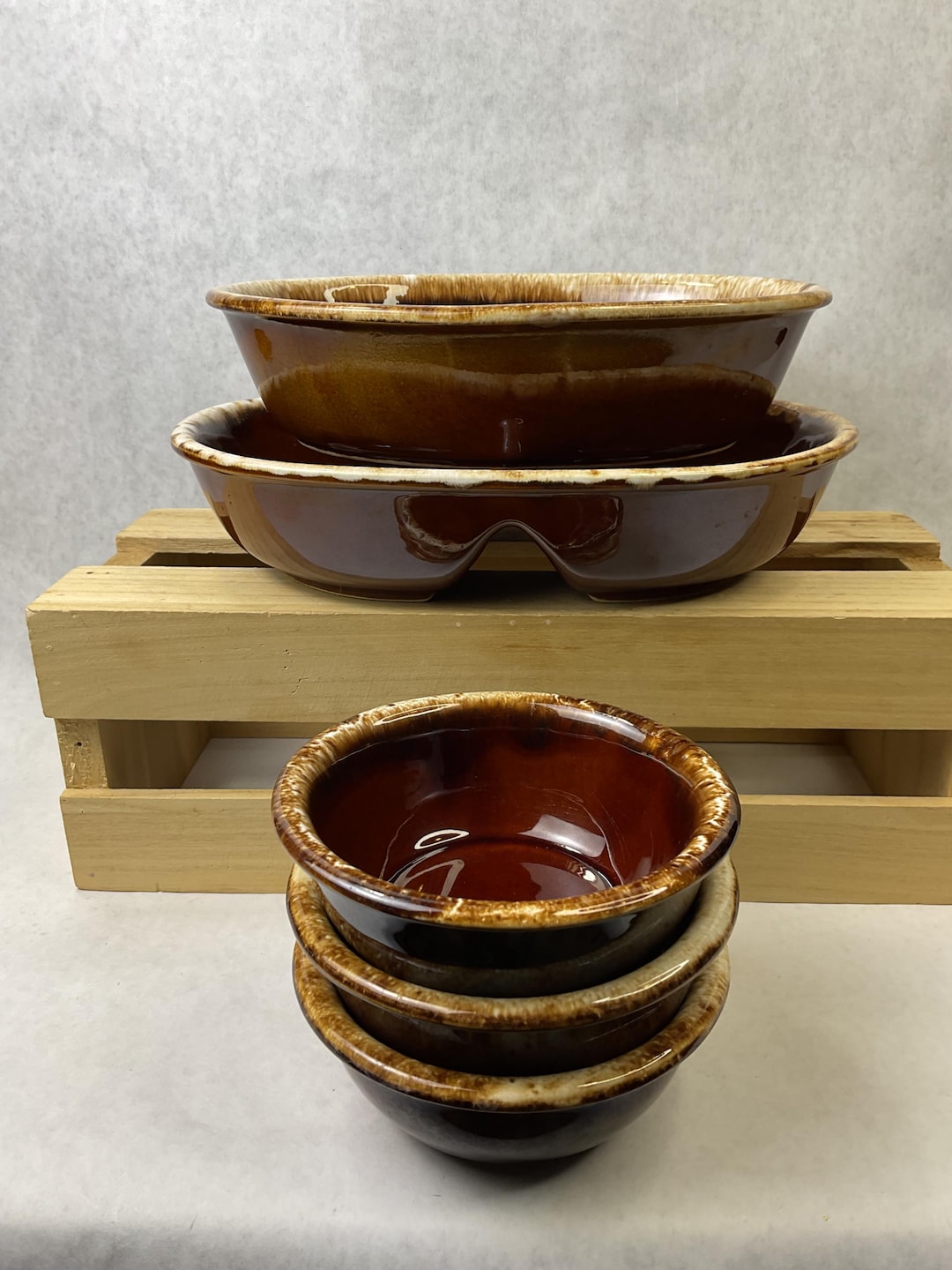 Vintage Brown Dipped and Glazed Hull Pottery Bowl Collection (5) - Etsy