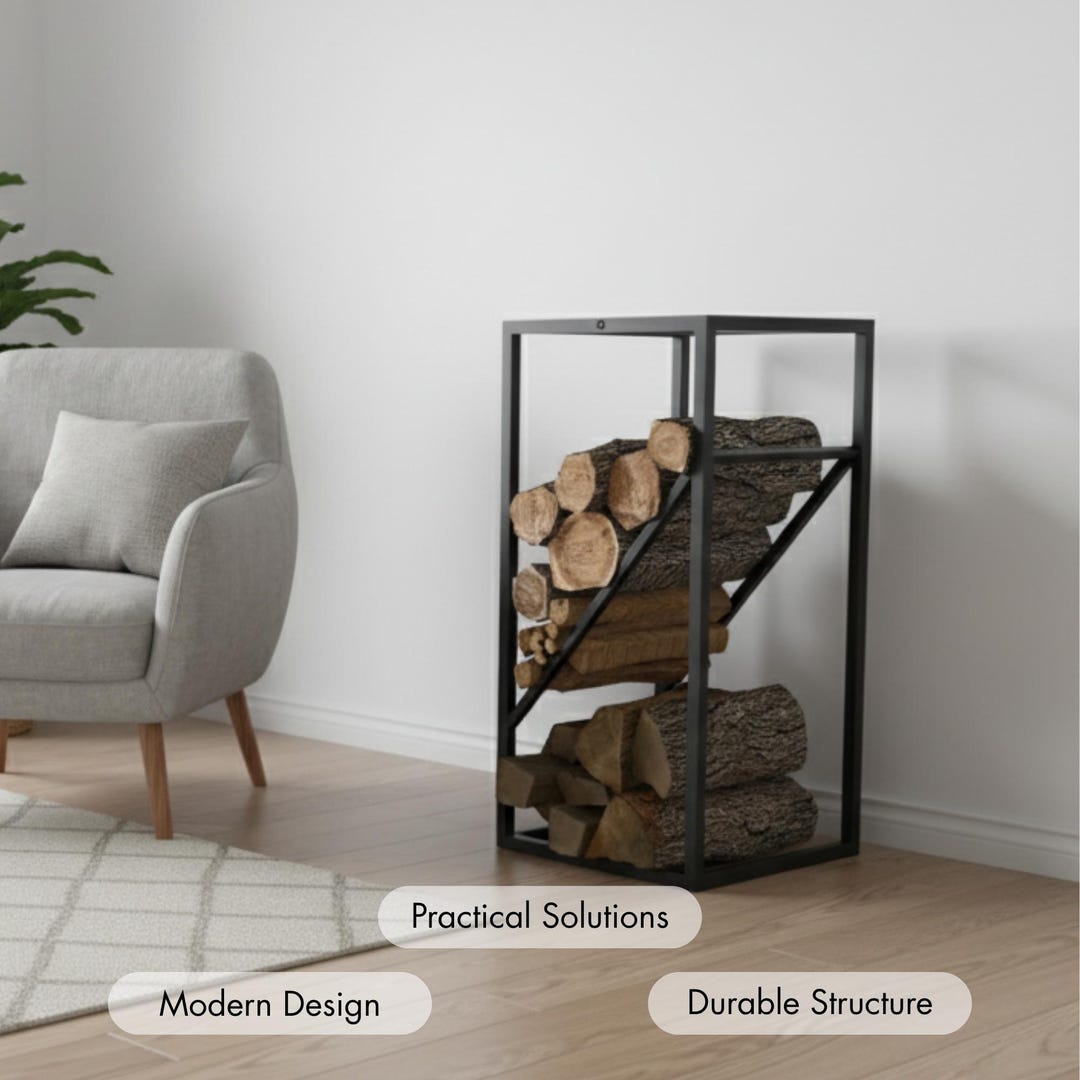 Modern Metal Firewood Rack – Vertical Log Storage Stand for Indoor ...