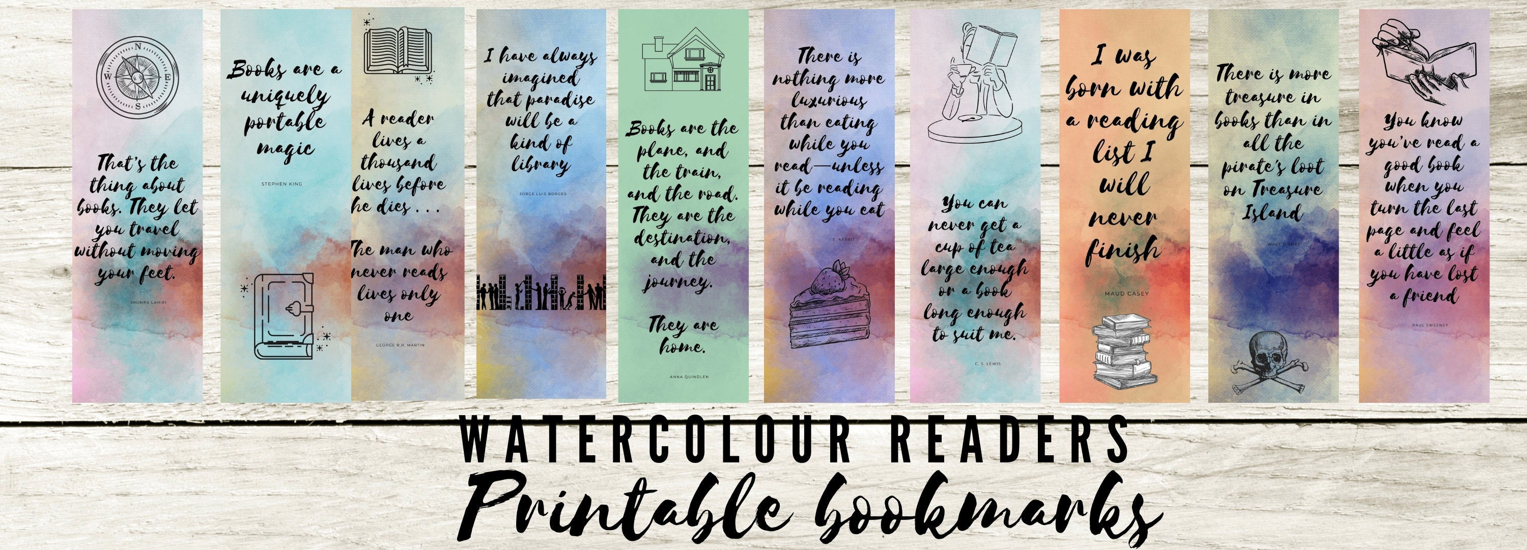 Digital Printable Bookmarks - Watercolour Backgrounds, Quotes About ...