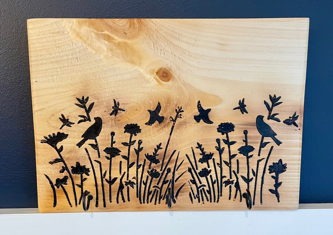 Wood Burned Birds & Wildflowers Scene Key Rack - Etsy
