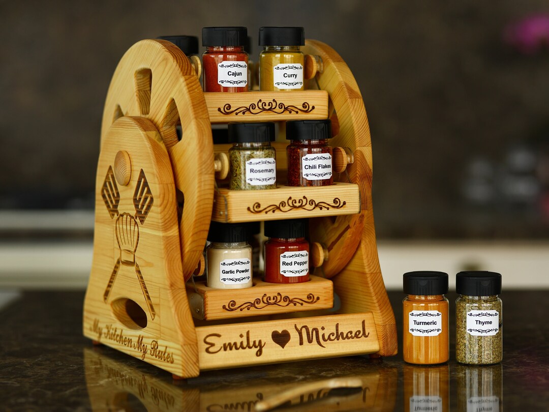 Personalized Rotating Spice Rack Shelf, Spice Rack With Jars, Wooden ...