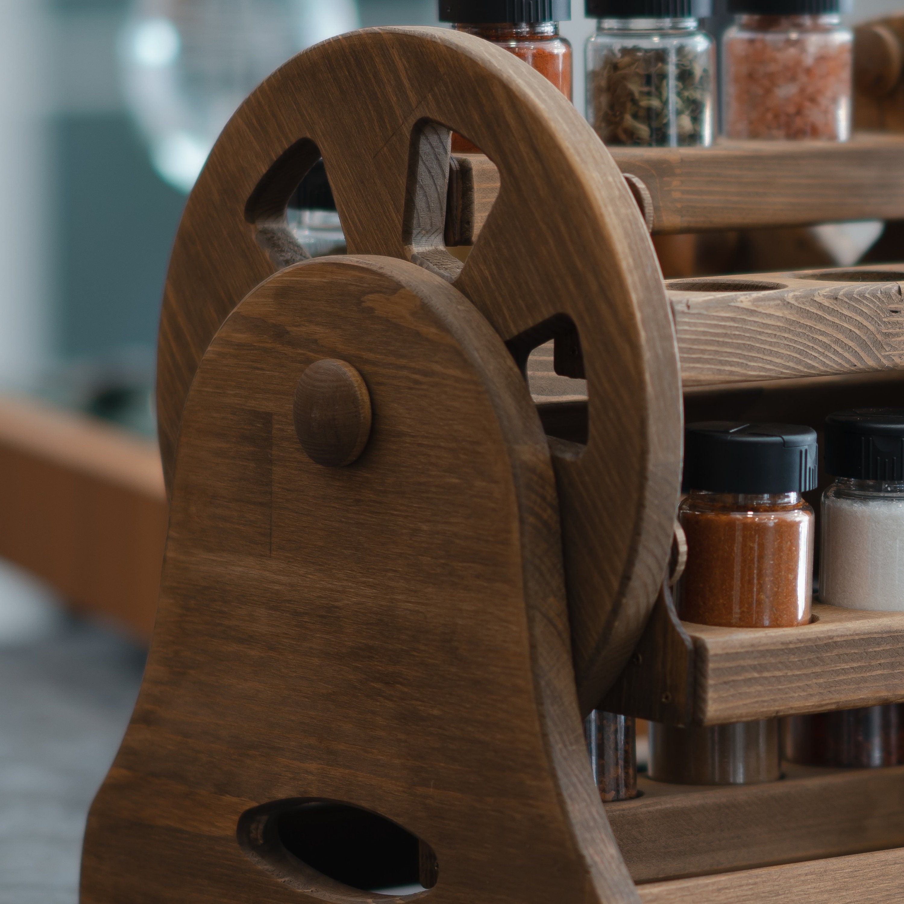 Rotating Wooden Spice Rack With Jars, Kitchen Organizer, Rustic ...