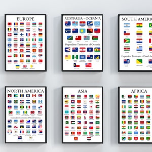 Bundle of Continents Posters, Worlds Continents Bundle, Flags and Names ...