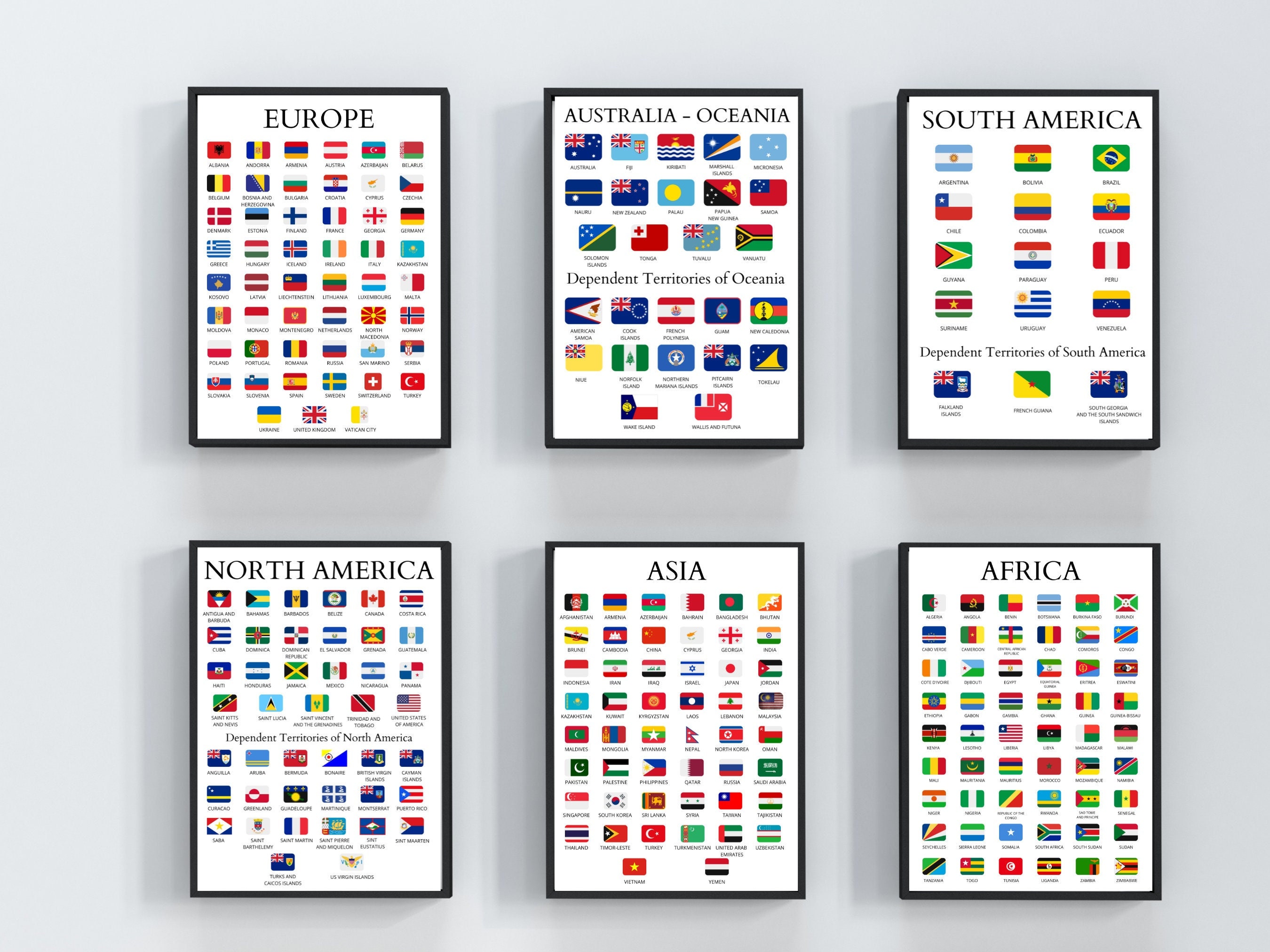 Bundle of Continents Posters, Worlds Continents Bundle, Flags and Names ...