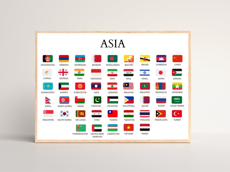 Asian Countries, Countries of Asia, Flags and Names, Learning Chart ...
