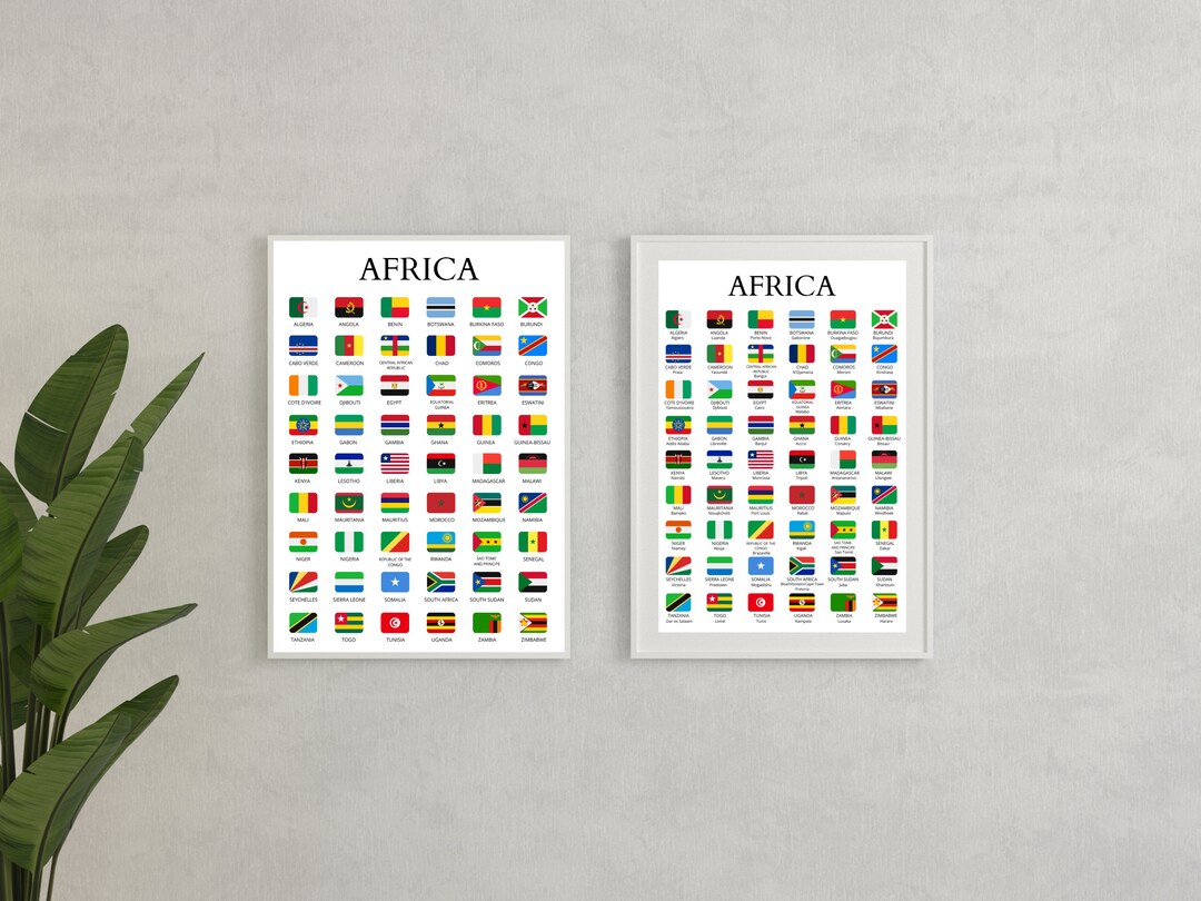 Set of 2 African Continent Poster, Capitals and Flags of Africa, Names ...