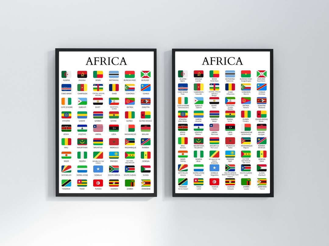 Set of 2 African Continent Poster, Capitals and Flags of Africa, Names ...