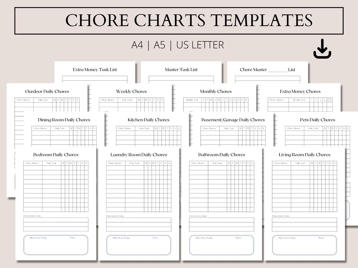 Plain Chore Charts Template, Cleaning Chechklist, Cleaning Planner ...