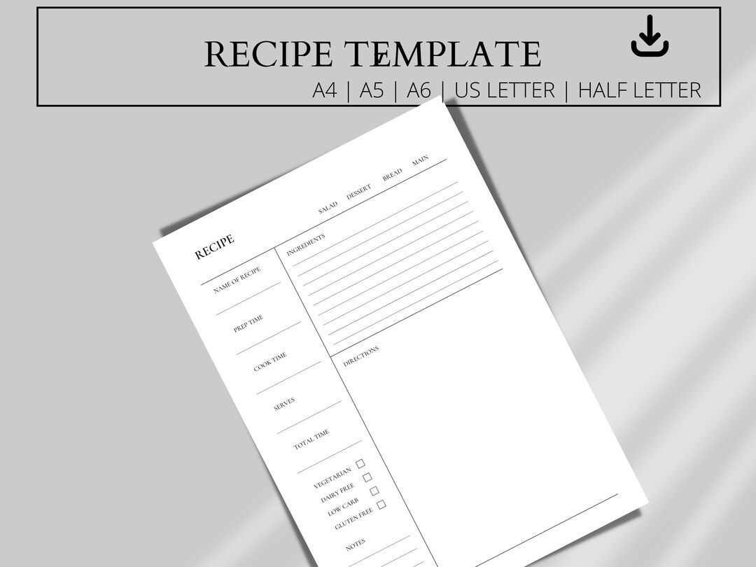 Printable Recipe Template, Recipe Cards, Recipe PDF, Simple Recipe ...