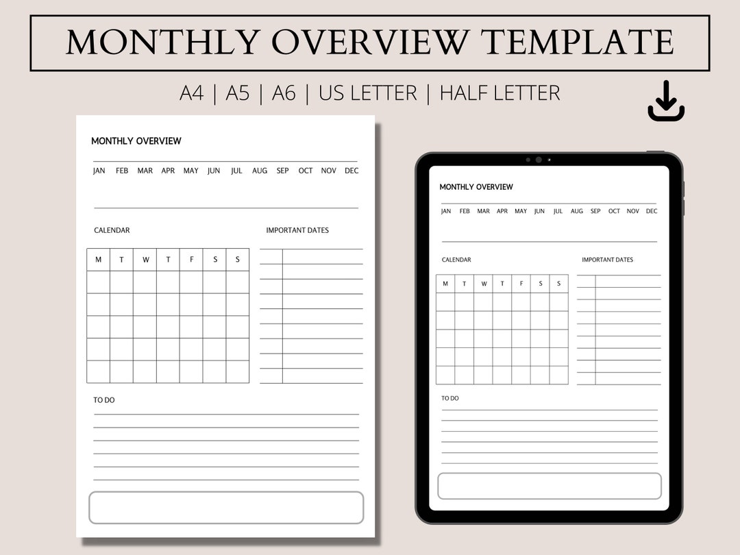 Monthly Overview Printable, Minimalist Monthly Planner, Monthly Planner ...