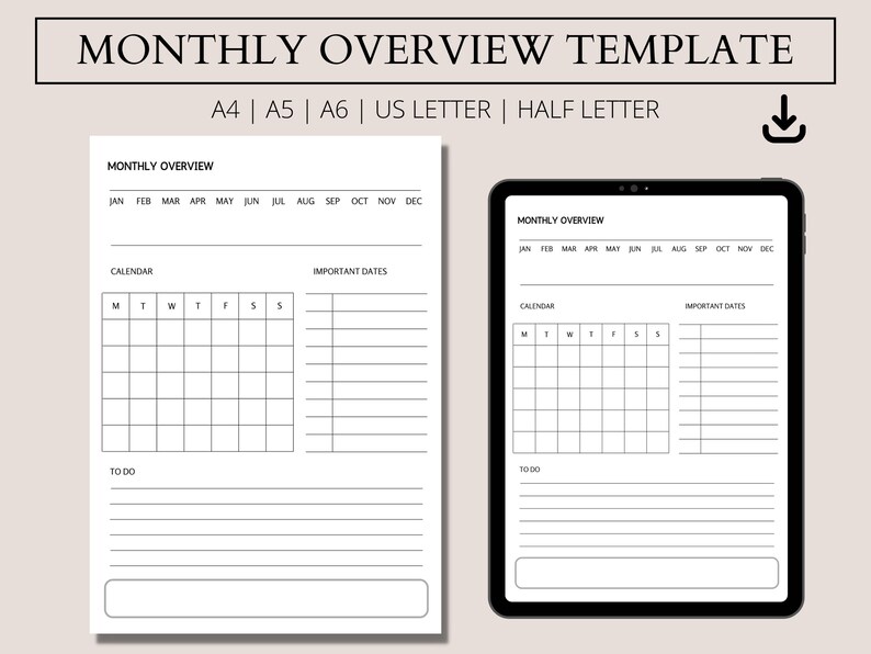 Monthly Overview Printable, Minimalist Monthly Planner, Monthly Planner ...