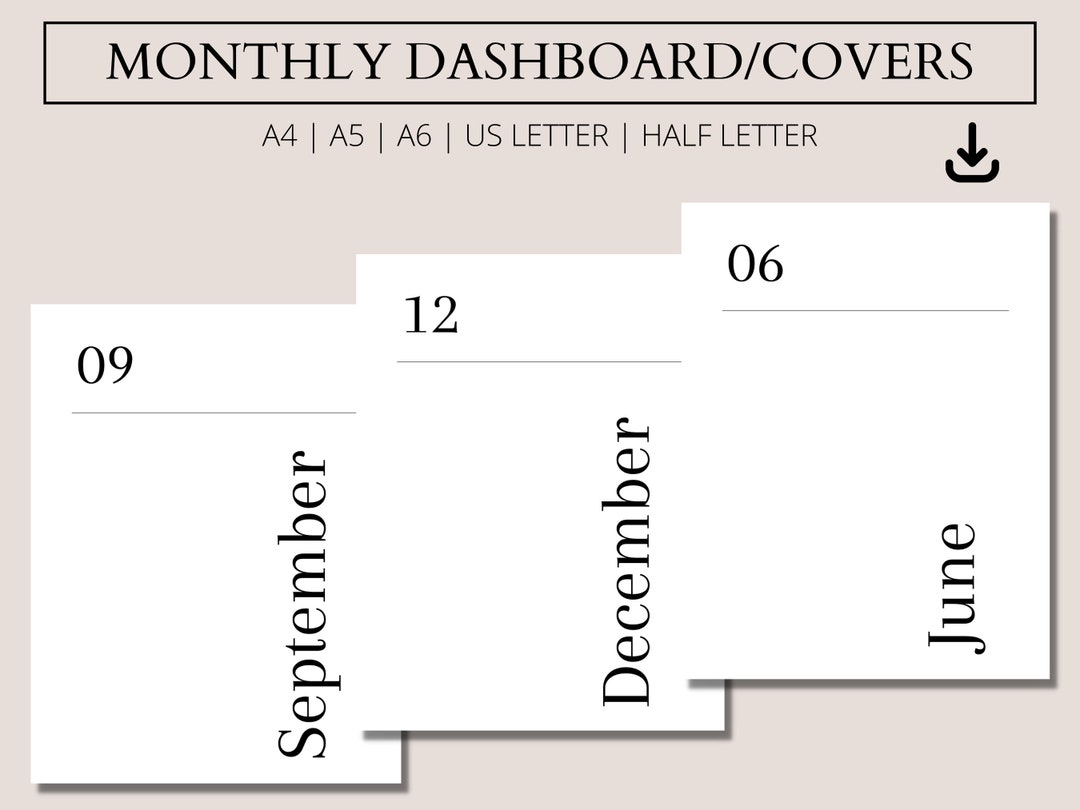 Monthly Cover Pages, Minimalist Monthly Dashboard, Printable Planner ...