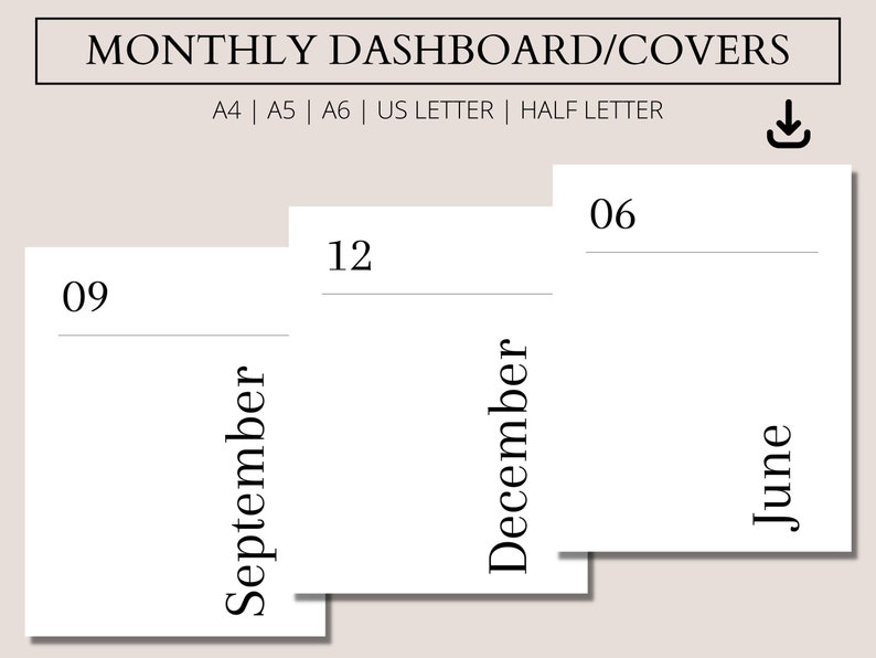 Monthly Cover Pages, Minimalist Monthly Dashboard, Printable Planner ...
