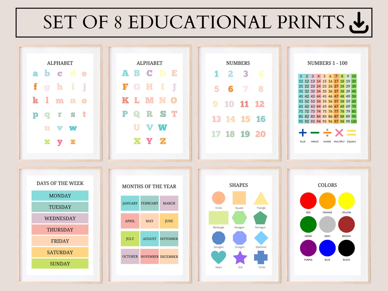 Educational Posters Set of 8, Playroom Posters, Homeschool Educational ...