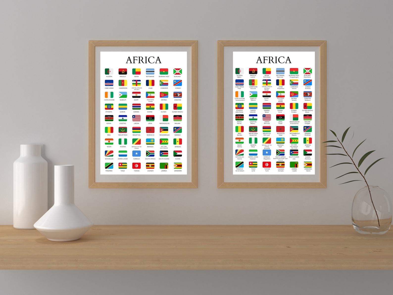 Set of 2 African Continent Poster, Capitals and Flags of Africa, Names ...